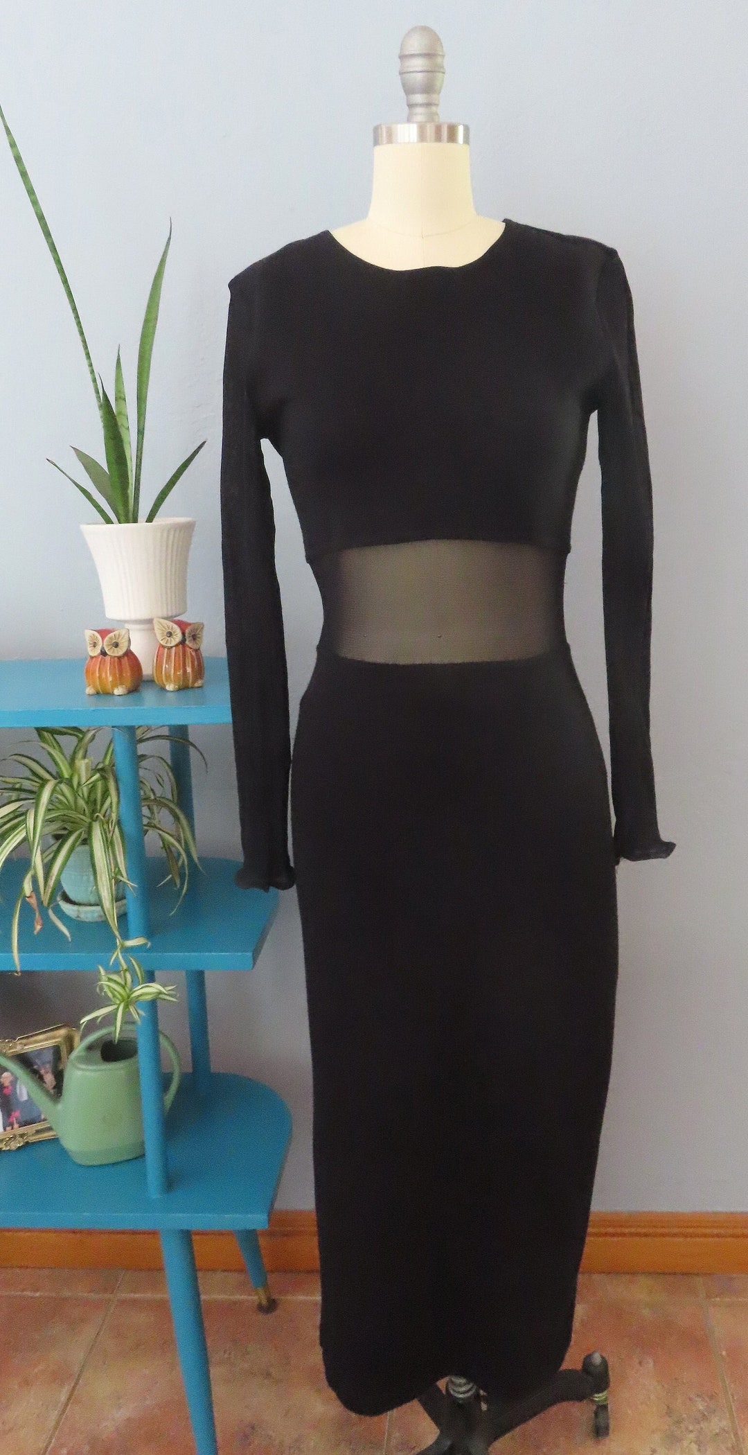 1970s Breakin Hearts Black Mesh Midriff Maxi Dress | Medium | 70s Disco ...