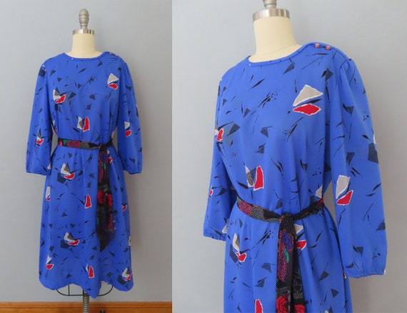 vintage 1970s blue abstract day dress | size large | … - Gem