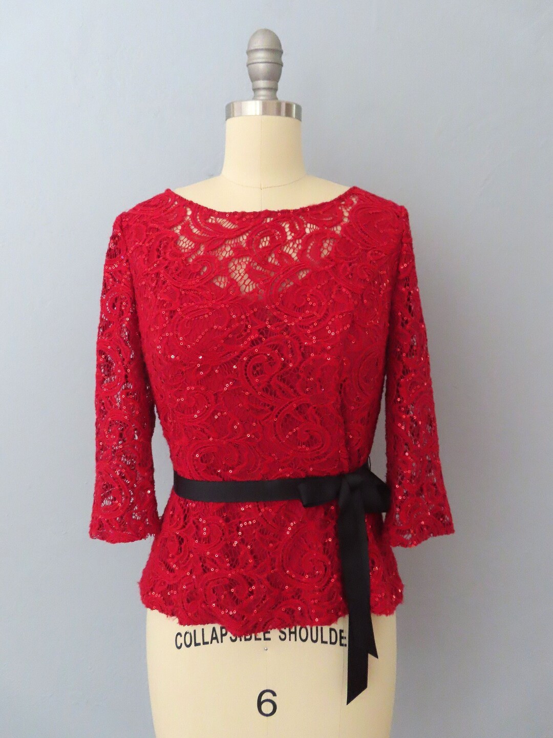 1980s Red Sequin Lace Evening Blouse | Size Medium | Red Holiday Top ...