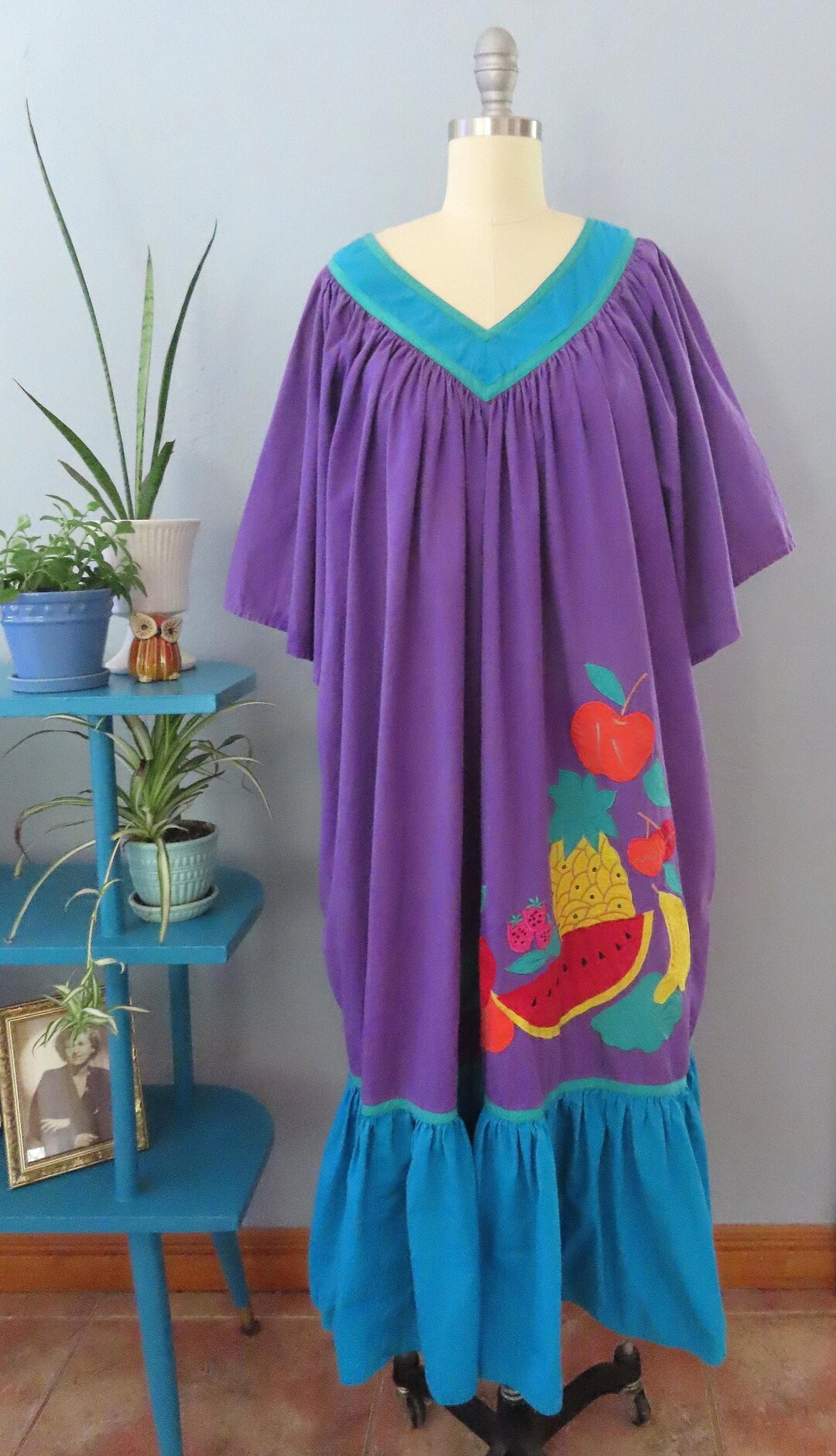 1980s Purple Blue Fruit Applique Muumuu Dress XL House Dress Tent Dress ...