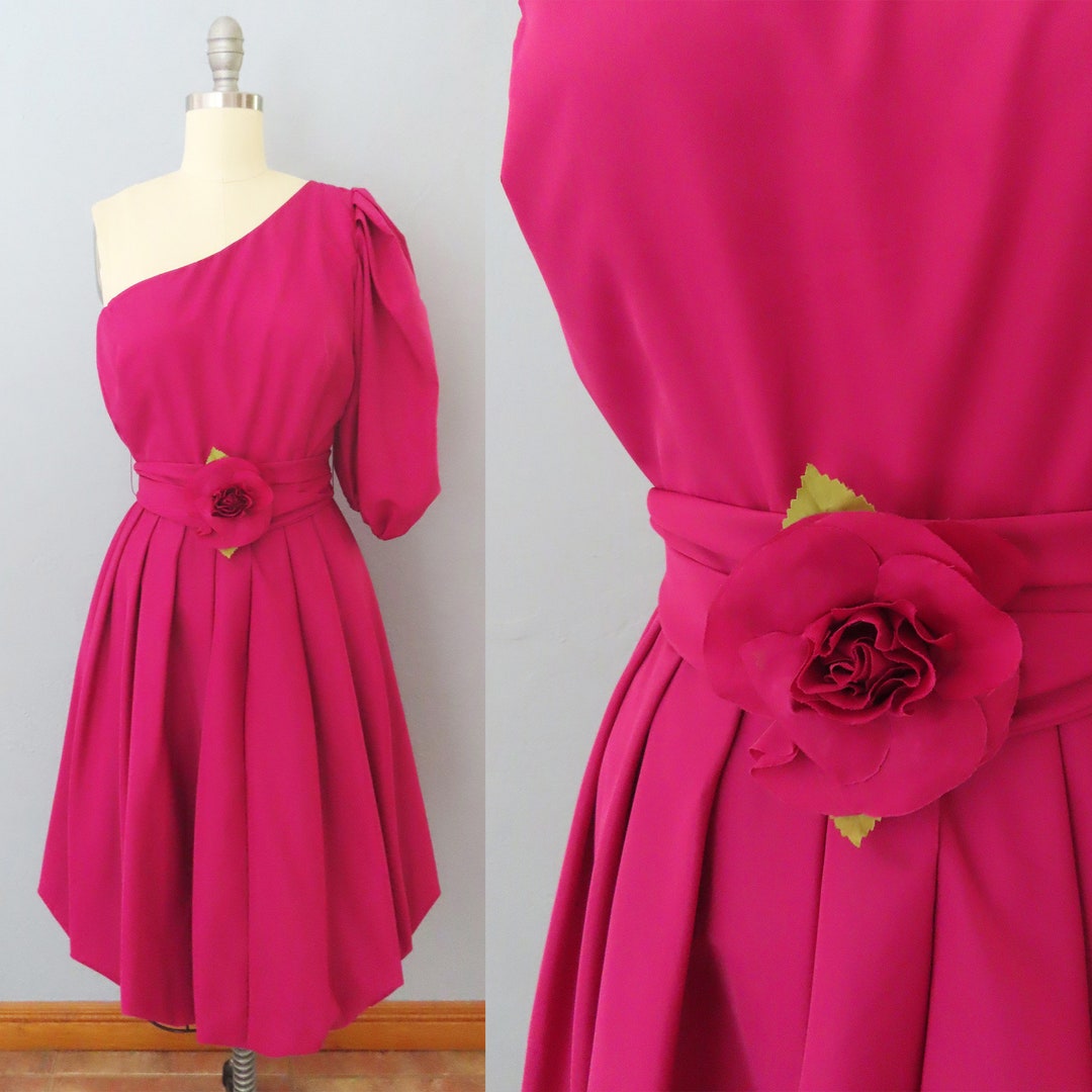 Vintage 80s Pink One Shoulder Bubble Dress Medium 1980s Cocktail Dress