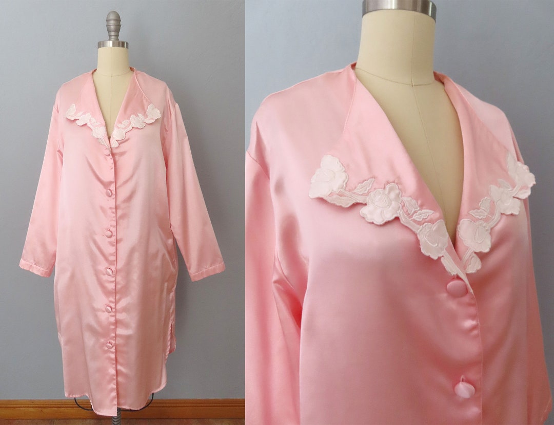 1990s Pink Satin Button up Robe Large House Coat Comfy Robe Victorian ...