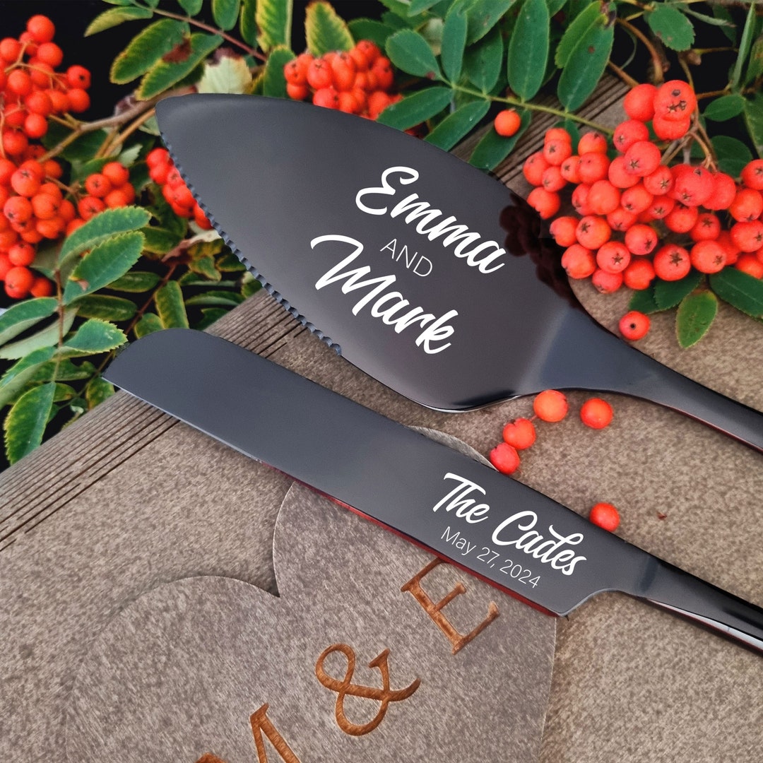 Black Wedding Cake Cutting Set Server and Knife - Personalized Cake ...