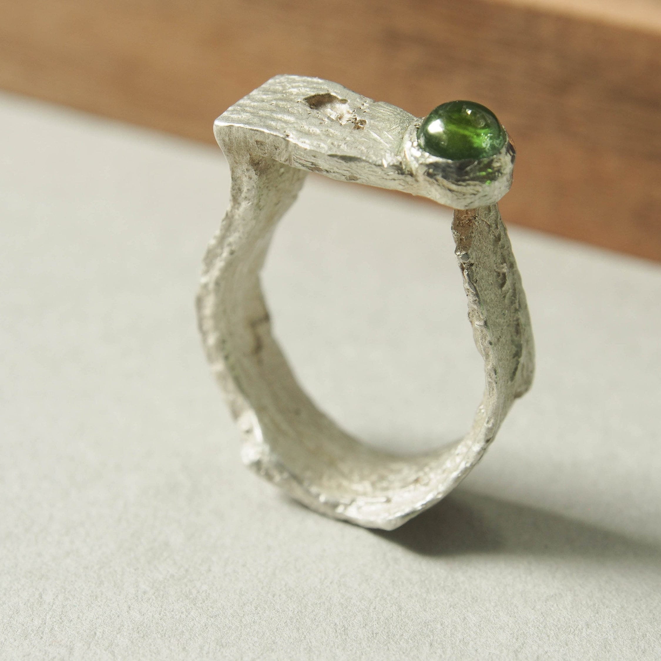 Green Tourmaline Ring, Adjustable Sterling Silver Tree Bark Ring - Etsy