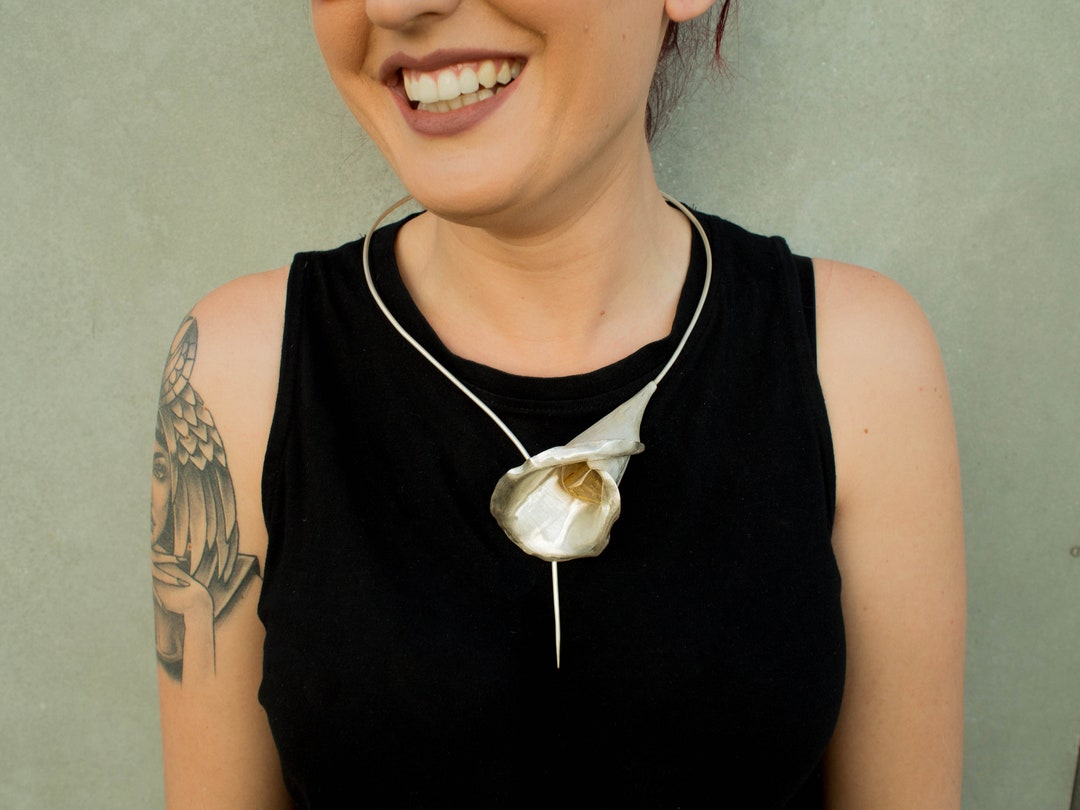 Sterling Silver Calla Lily Necklace, Rutilated Quartz, Sculptural ...