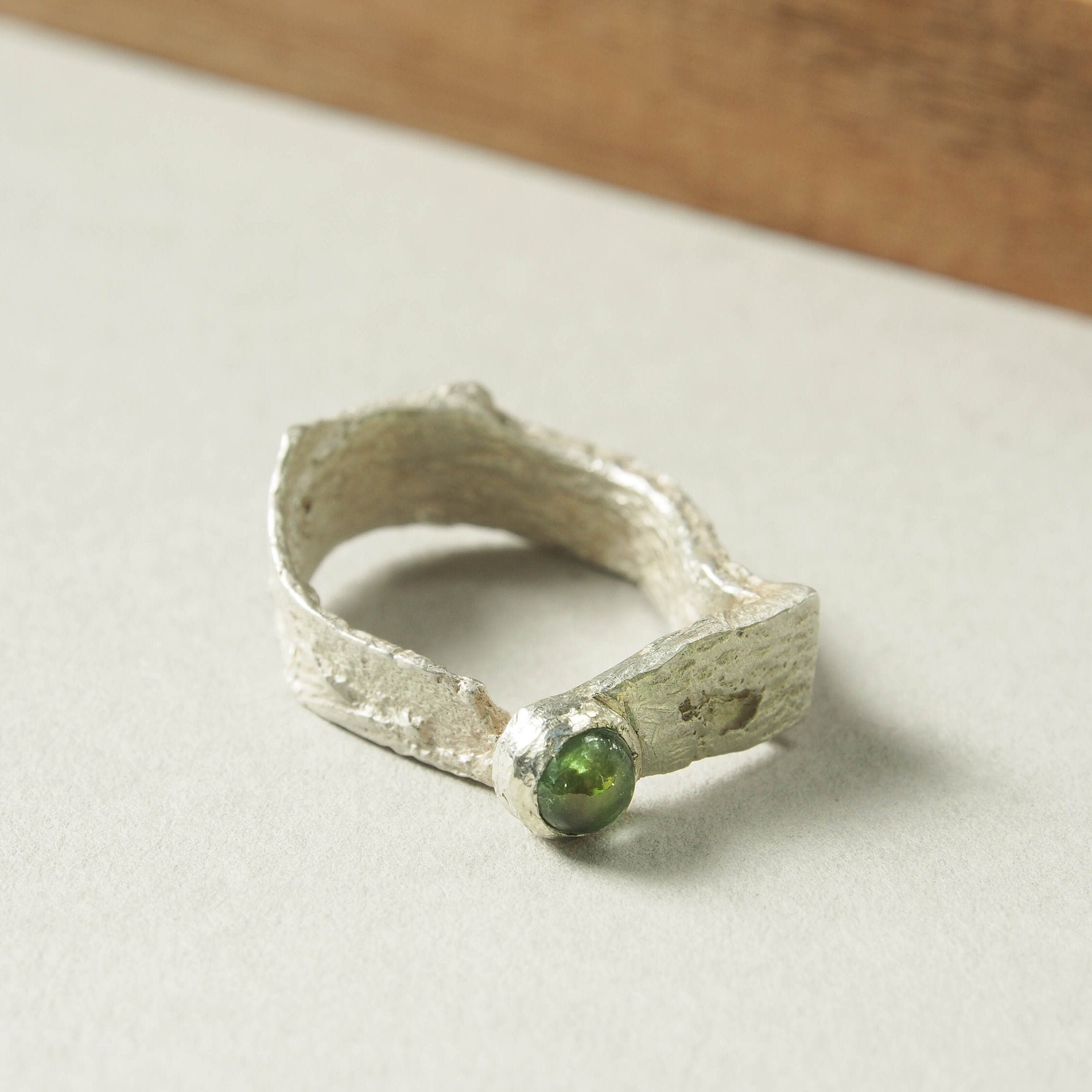 Green Tourmaline Ring, Adjustable Sterling Silver Tree Bark Ring - Etsy