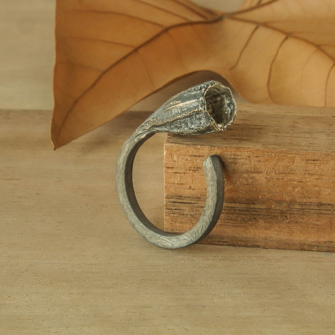 Black Ring, Flower Leaf Ring, Adjustable Ring, Black Silver Ring ...