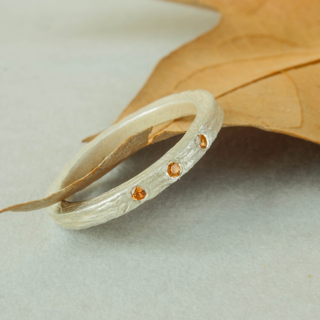Tree Bark Silver Wedding Band With Orange Sapphires - Etsy