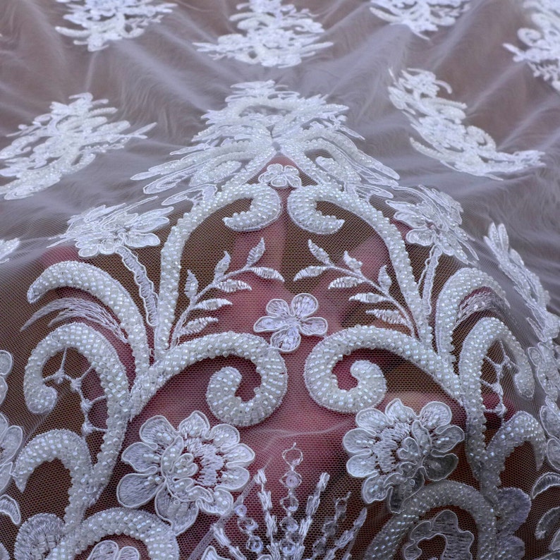La Belleza beading lace fabricNew white super heavy beading | Etsy