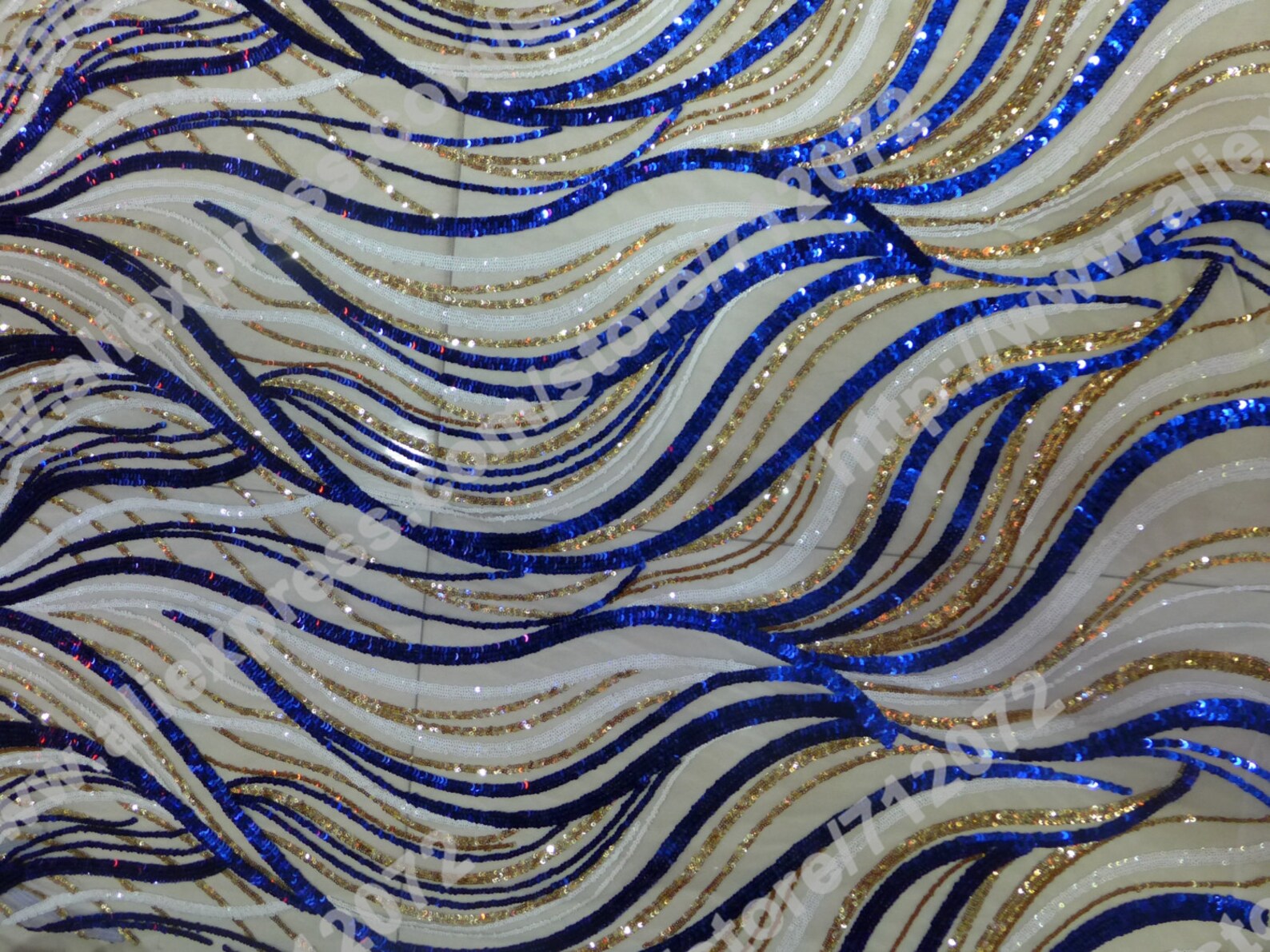 New Blue & Gold Mix Colors Sequin Embroidery Fabric Stage Performances ...