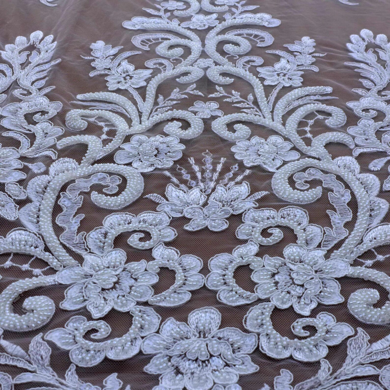 La Belleza beading lace fabricNew white super heavy beading | Etsy