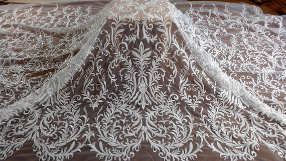La Belleza off White Long Patterns Beaded Lace Fabric for - Etsy