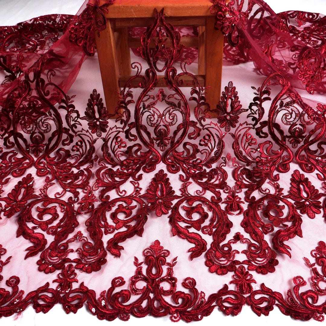 Wine Beautiful Gown Lace Fabric, Gold, off White,black Cord Sequins ...