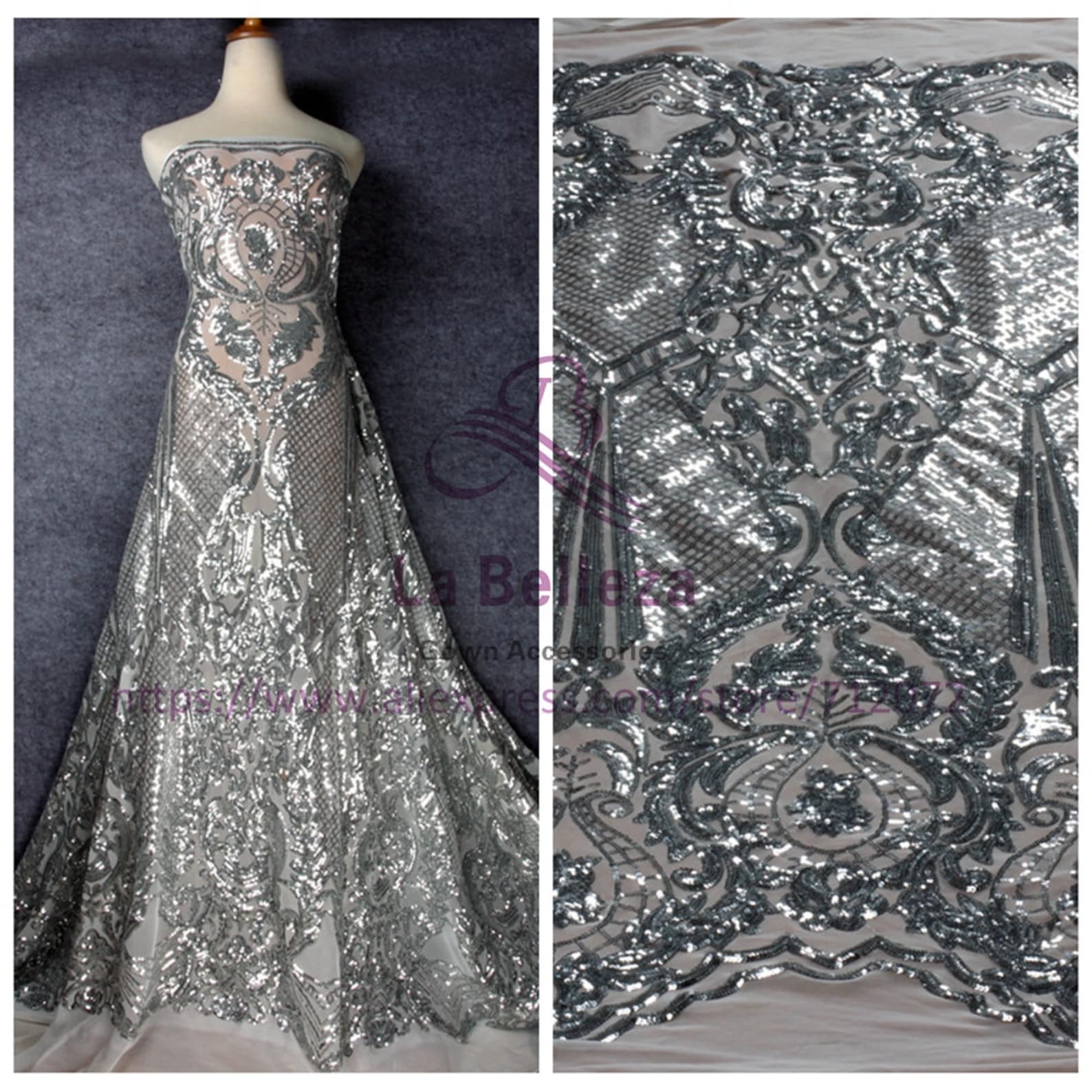 Silver/black /matte Gold Sequins on 4 Ways Stretch Net Embroidery ...