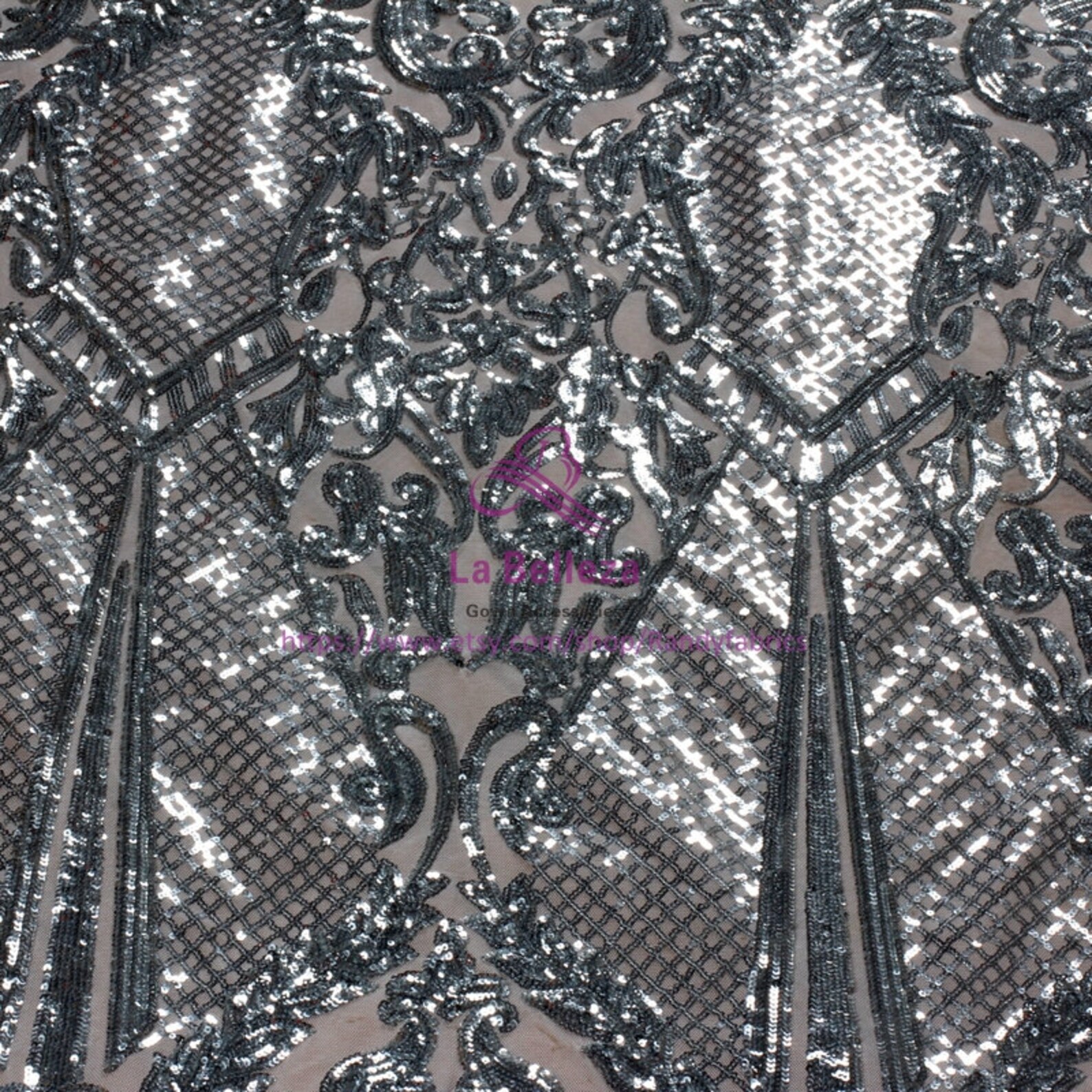 Silver/black /matte Gold Sequins on 4 Ways Stretch Net Embroidery ...