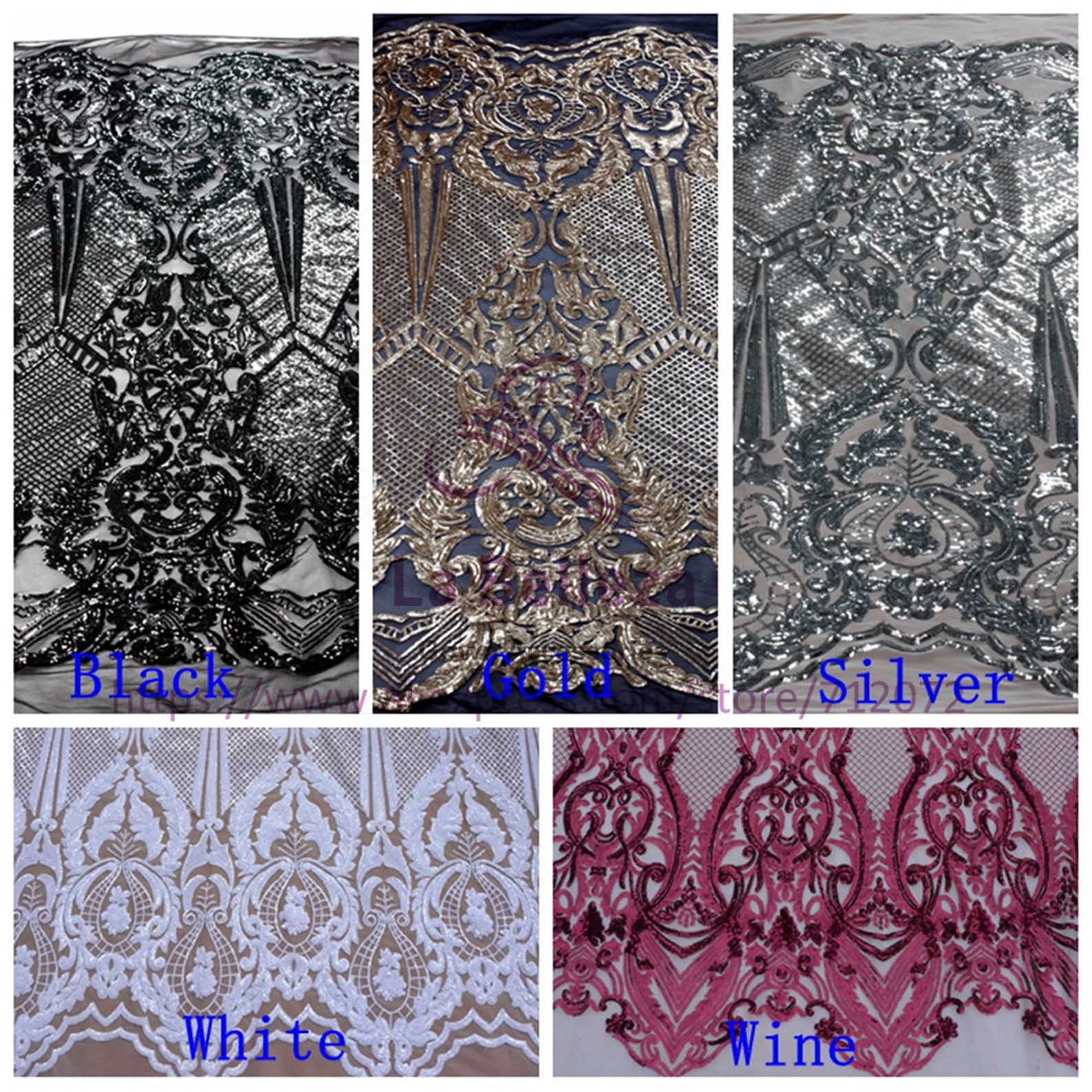 Silver/black /matte Gold Sequins on 4 Ways Stretch Net Embroidery ...