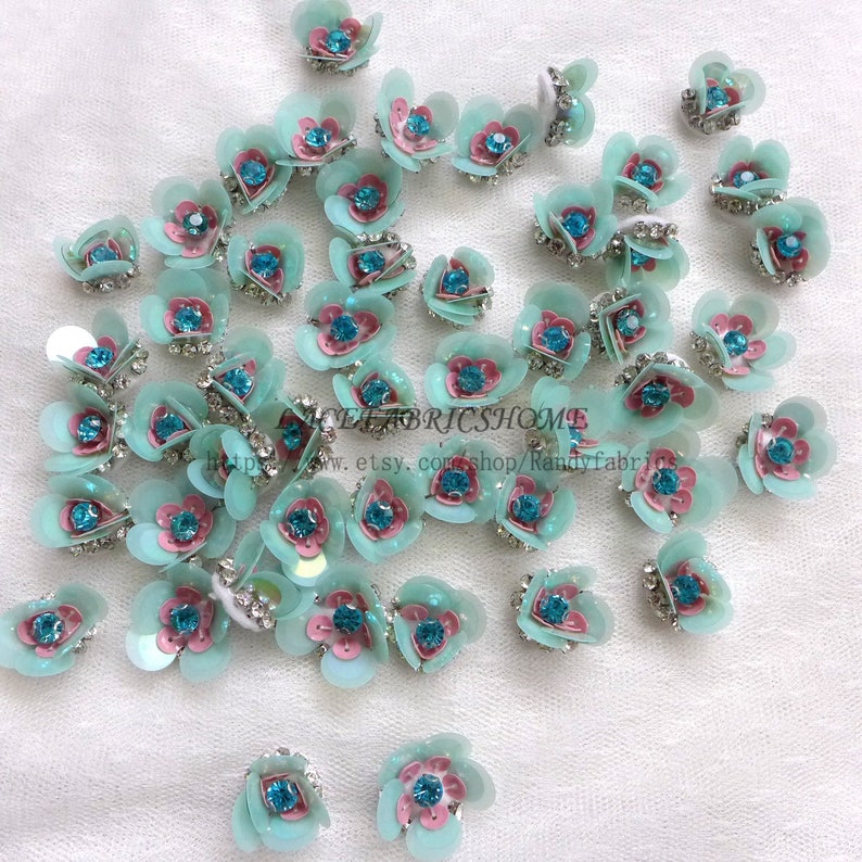 Green Mixed Pink Sequins Rhinestones Handmade 3D Flowers 3cm - Etsy