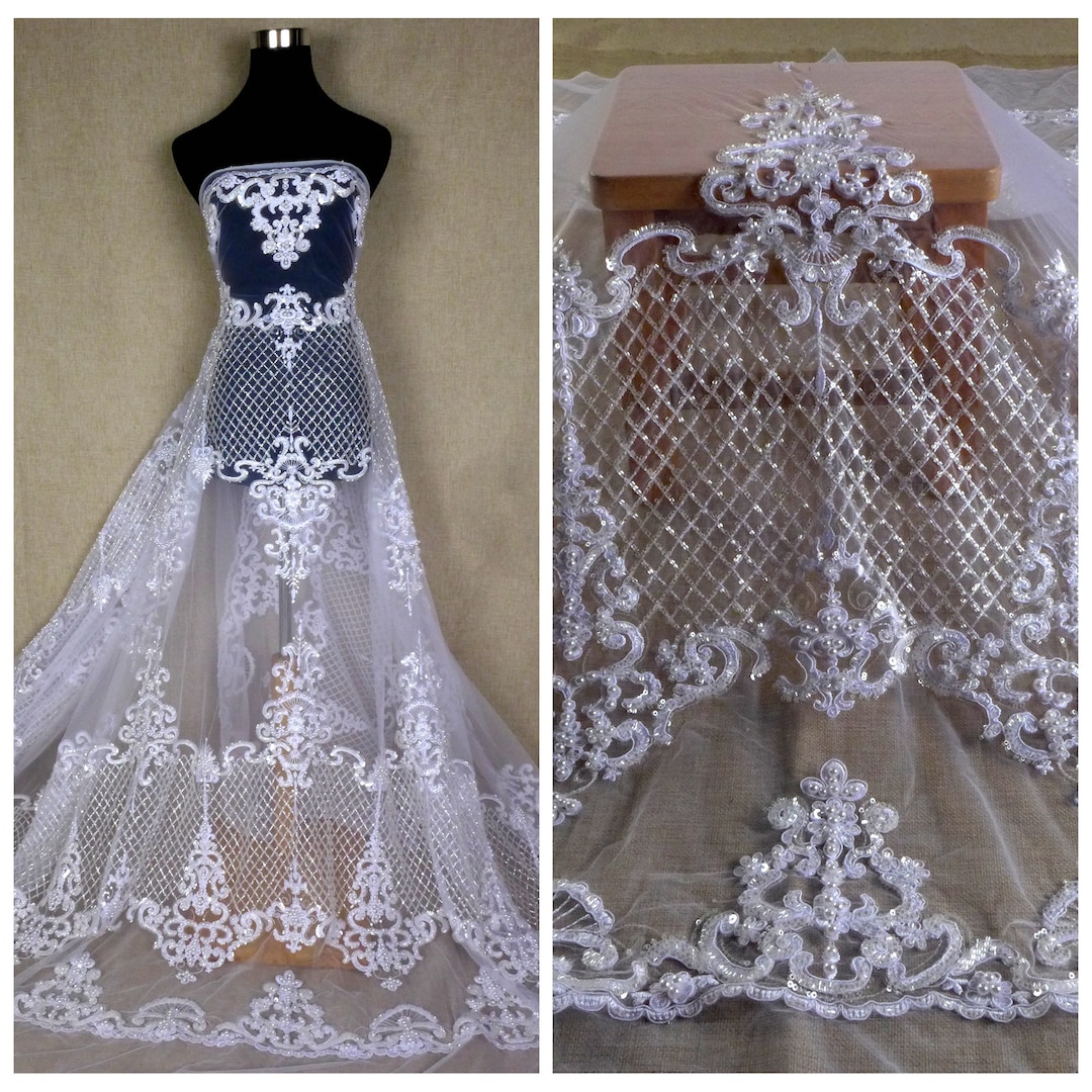 La Belleza Pure White Beaded Lace Fabric, Heavy Beads Pearls Embroidery ...