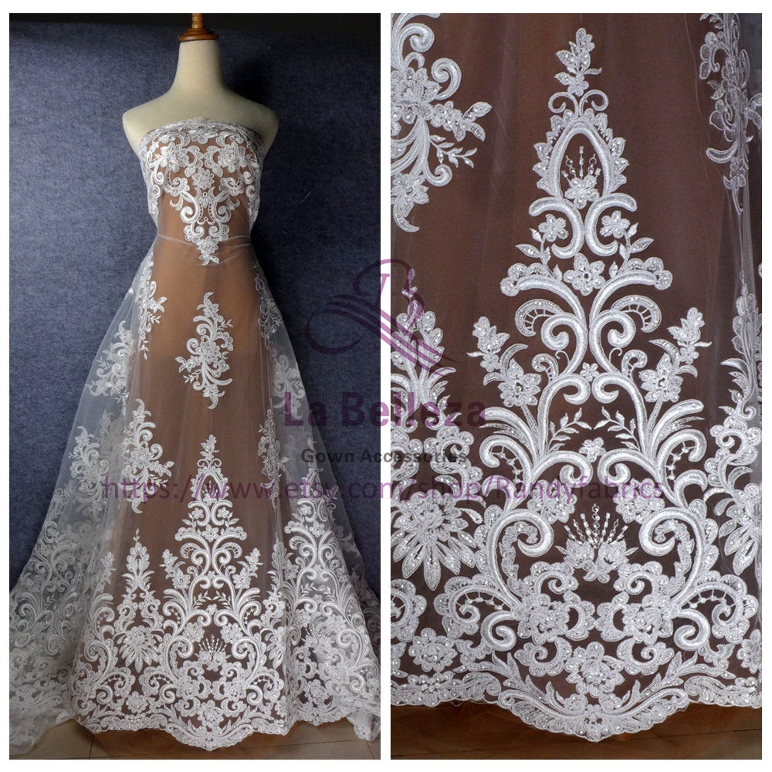 Off White/pure White Polyester Cord Width Sequins on Net Embroidered ...