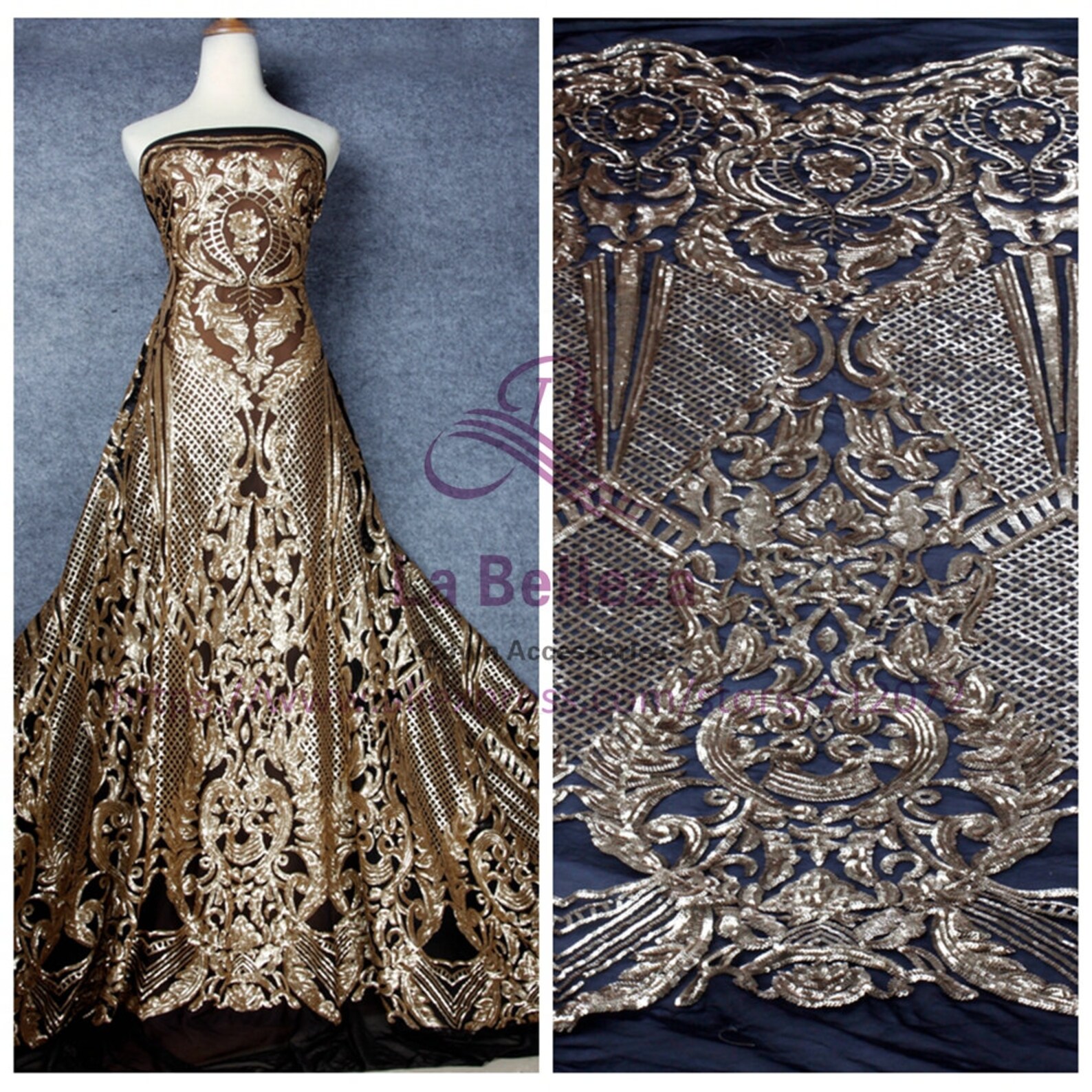 Silver/black /matte Gold Sequins on 4 Ways Stretch Net Embroidery ...