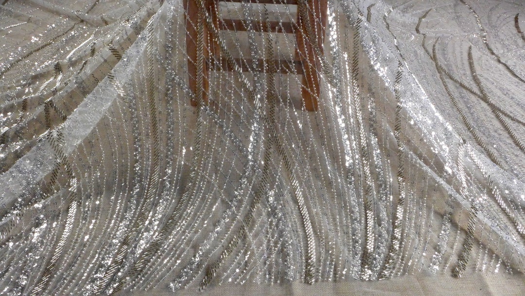 La Belleza New Silver Beading Lace Fabric, Gold Beaded Fabric, Black ...