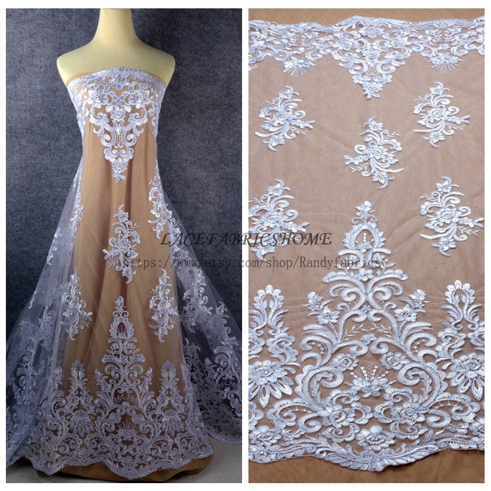 Off White/pure White Polyester Cord Width Sequins on Net Embroidered ...