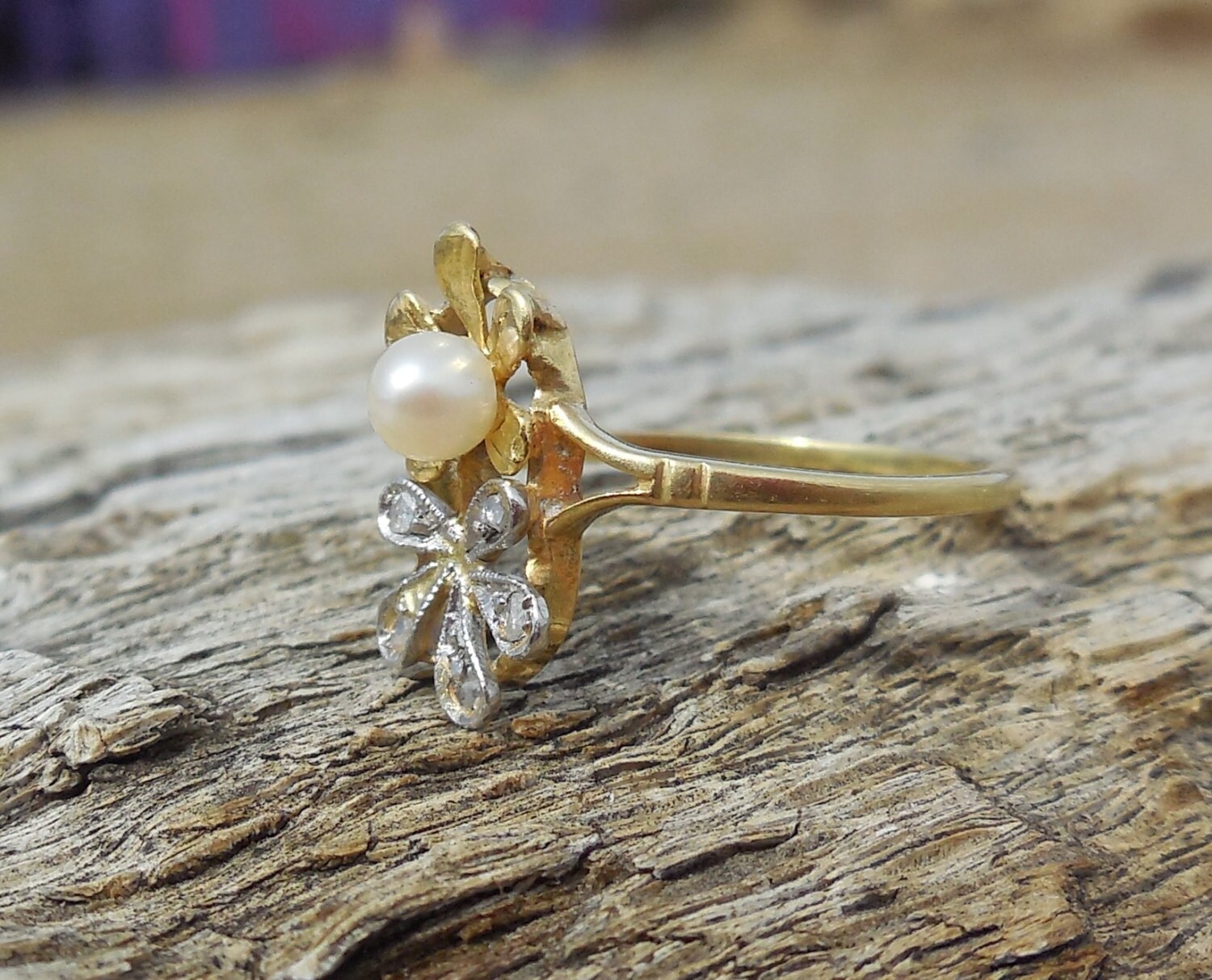 Antique Victorian Rose Cut Diamond Pearl 18k Yellow Gold Engagement ...