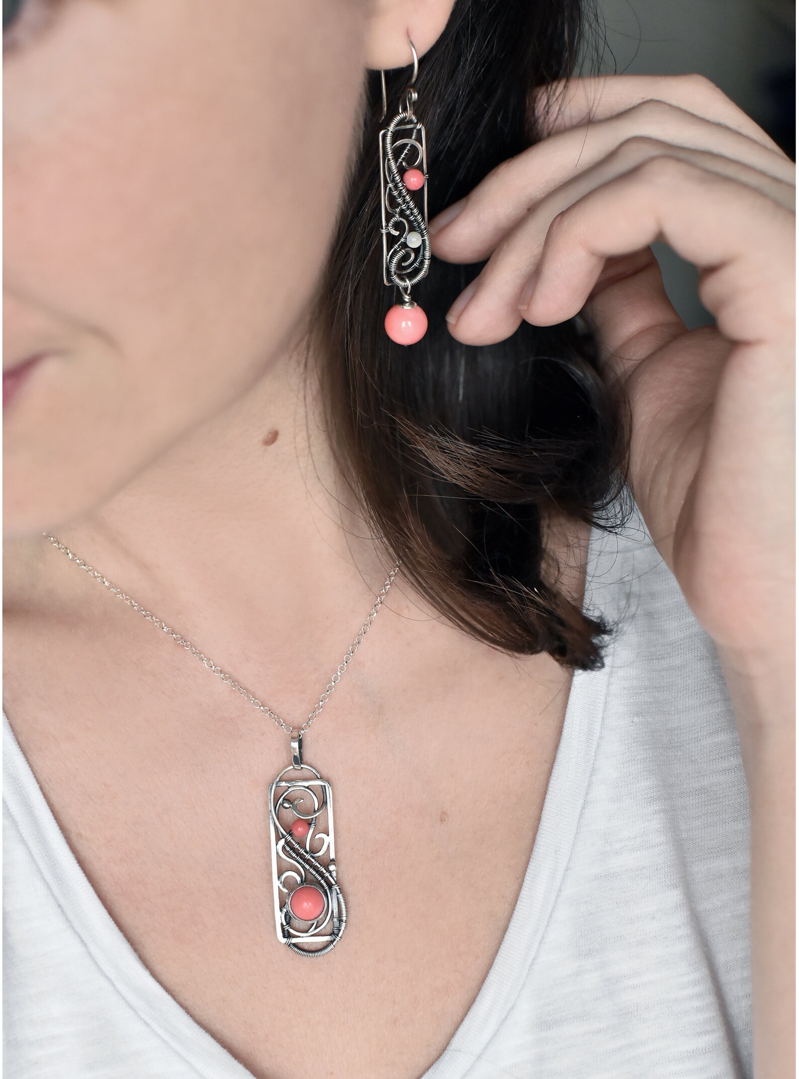 Coral Delicate Earrings Necklace Set Silver Wire Wrapped Jewelry Unique ...