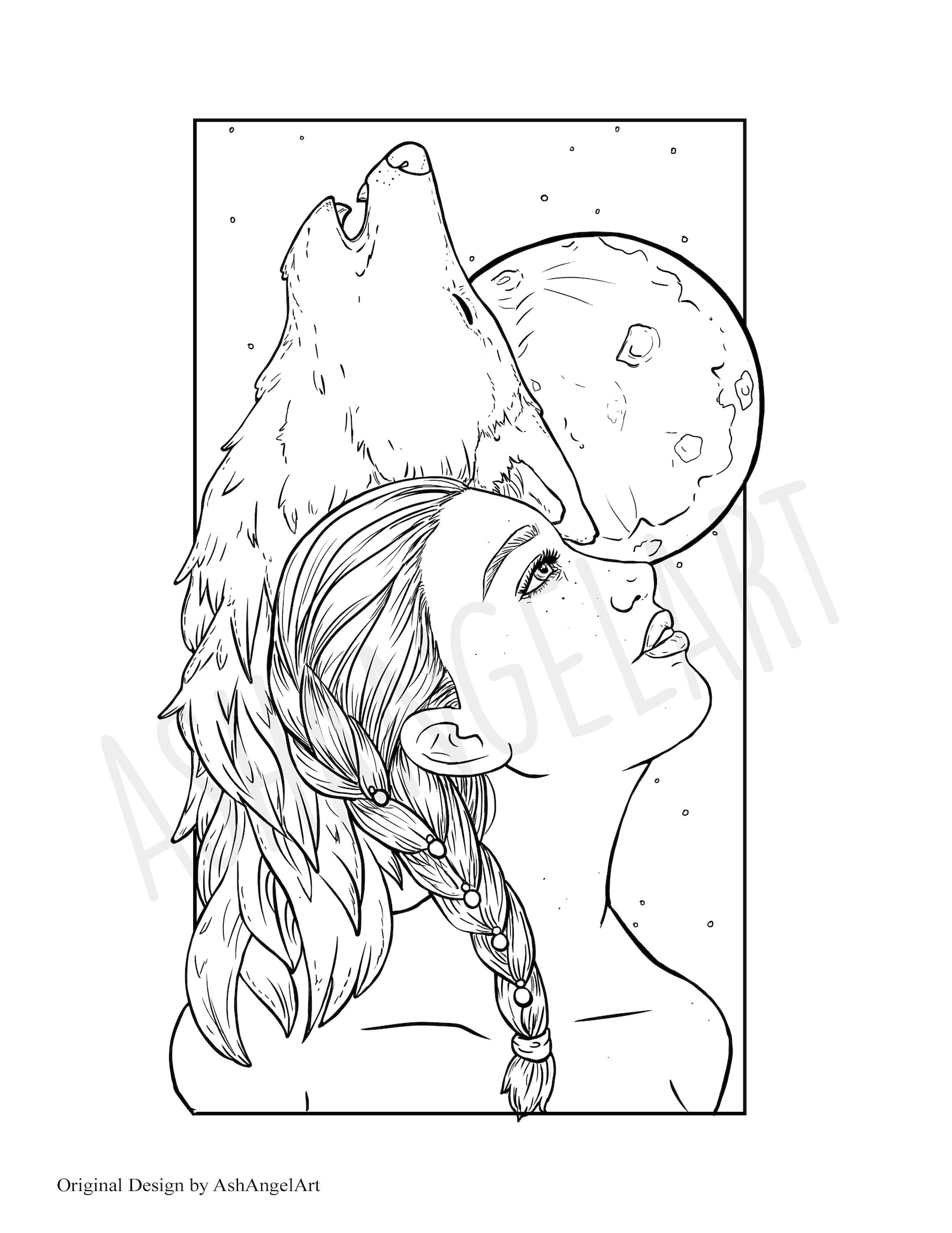 Girl and Wolf Beneath the Moon Coloring Page Instant Print off - Etsy