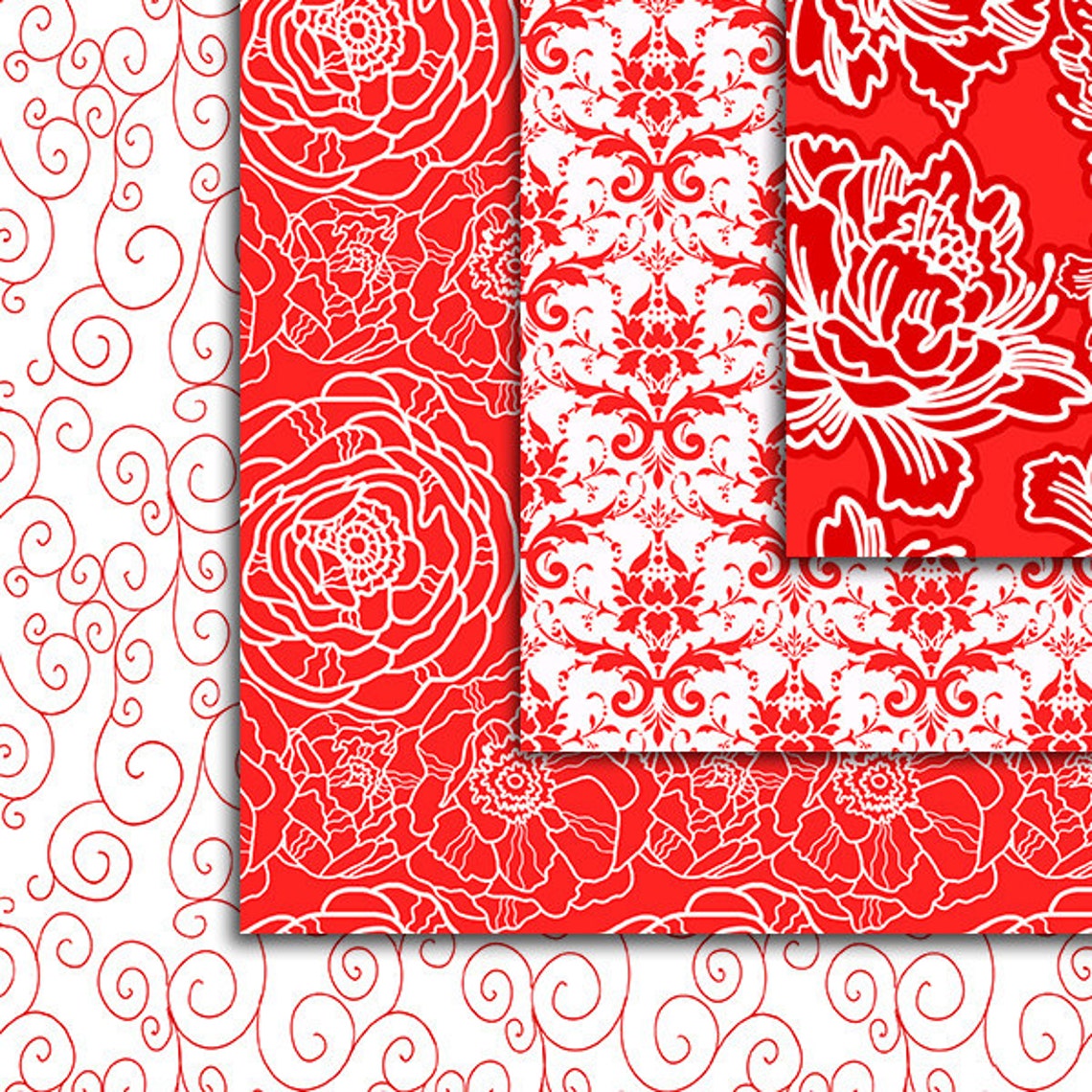 Red Digital Paper Red Floral Paper Pack Seamless pattern | Etsy