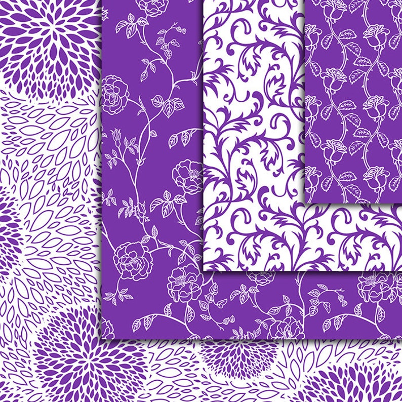 Floral Digital Paper purple white Seamless pattern 12pcs | Etsy