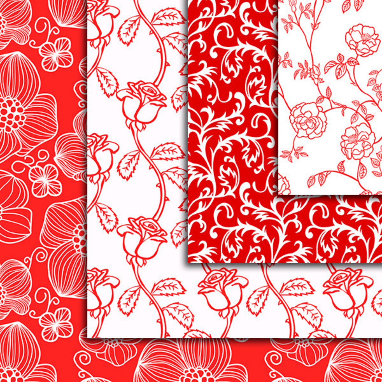 Red Digital Paper Red Floral Paper Pack Seamless pattern | Etsy