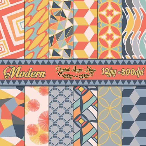 Retro Geometric Digital Paper Blue Coral Yellow Seamless | Etsy