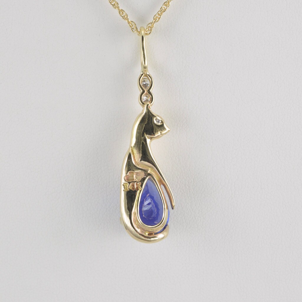 14Kt Gold Cat Pendant 14K Diamond Cat Pendant w/ Tanzanite | Etsy