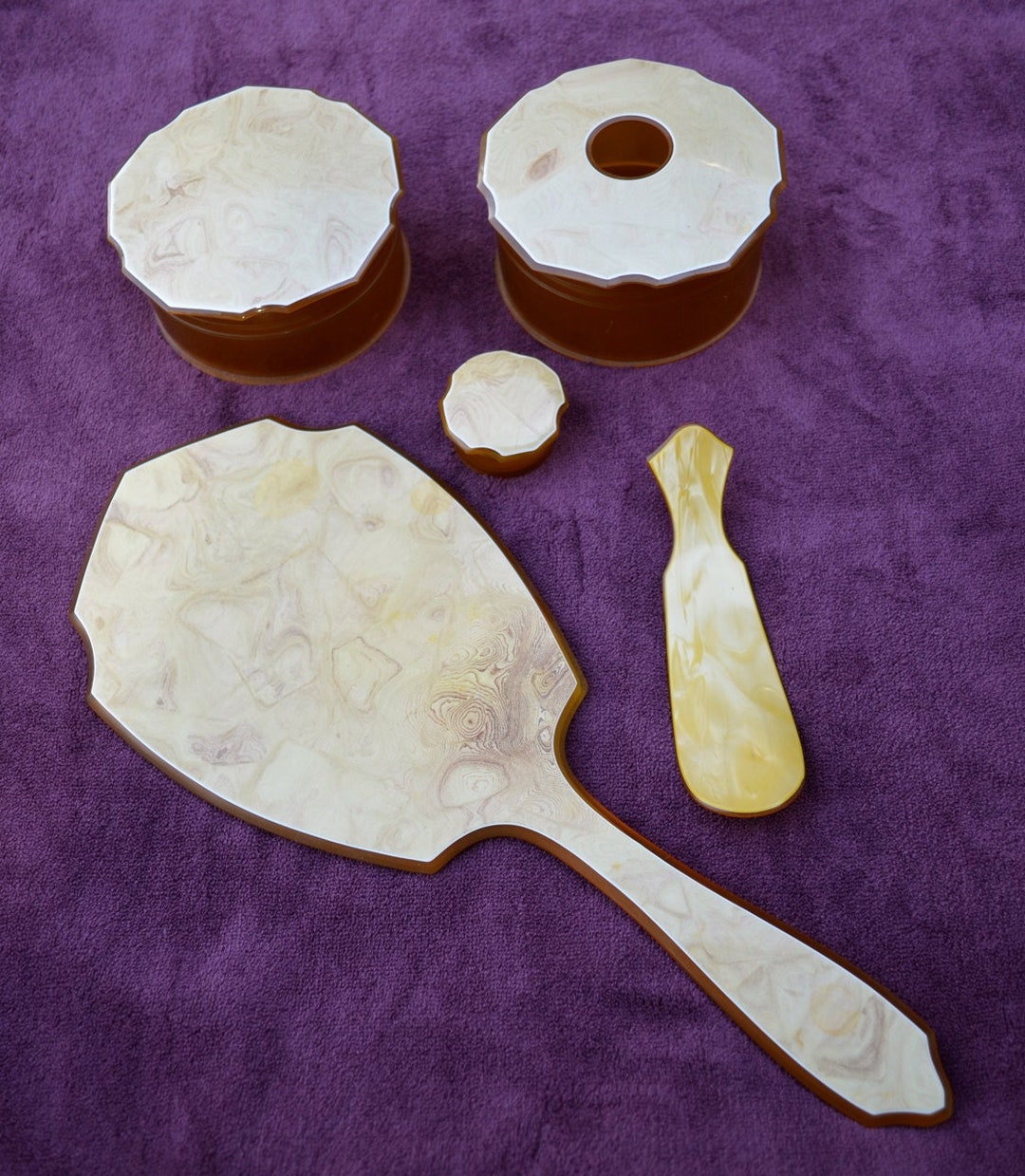 Celluloid Dresser Set Beveled Mirror Powder Box Shoe Horn Hair Receiver ...
