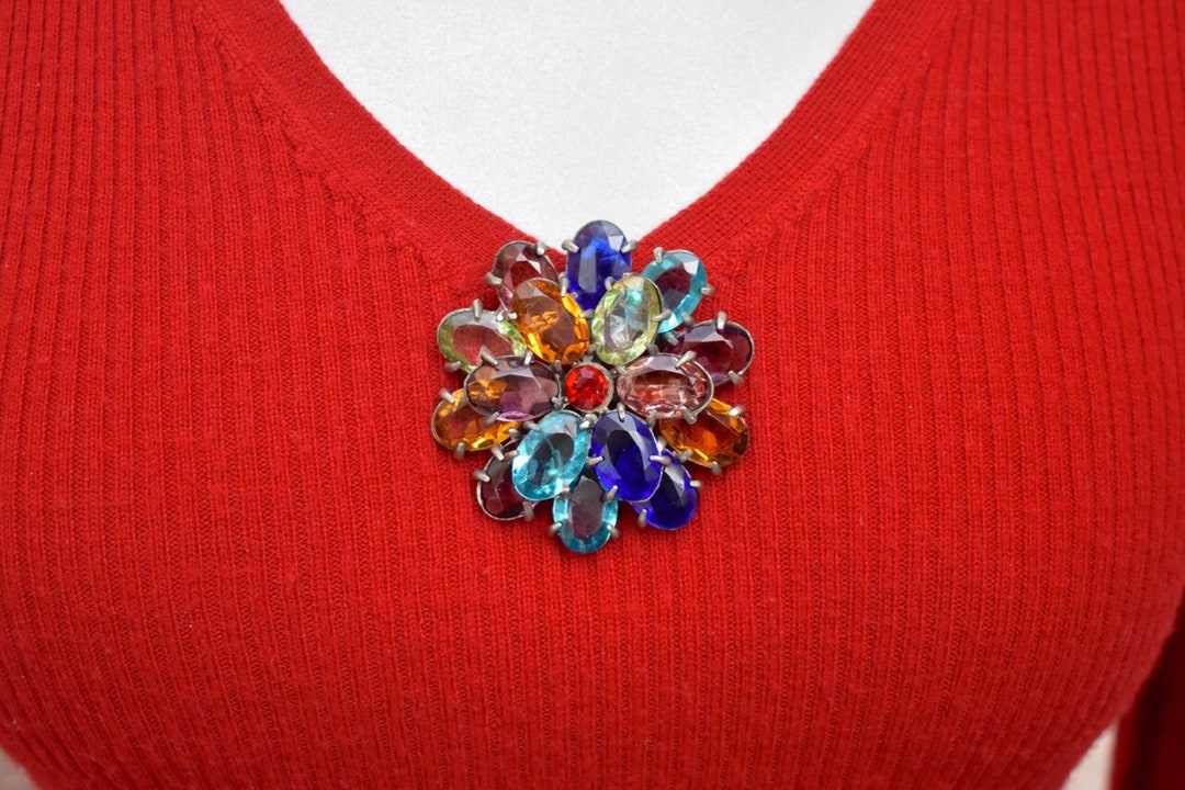 Multi Color Open Back Prong Set Rhinestone Brooch Mid Century Vintage ...