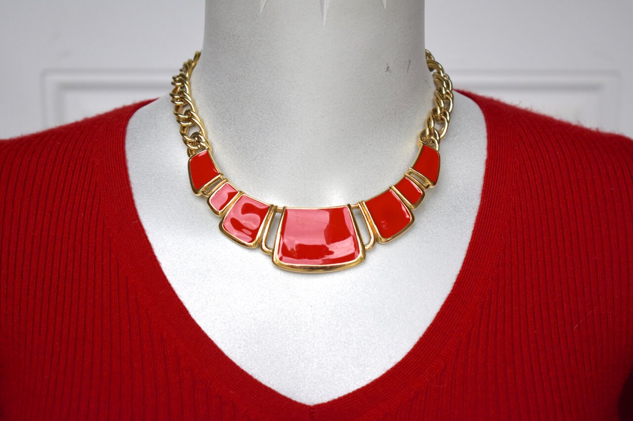 Trifari Red Enamel Bib Choker Necklace Gold Tone Vintage | Etsy