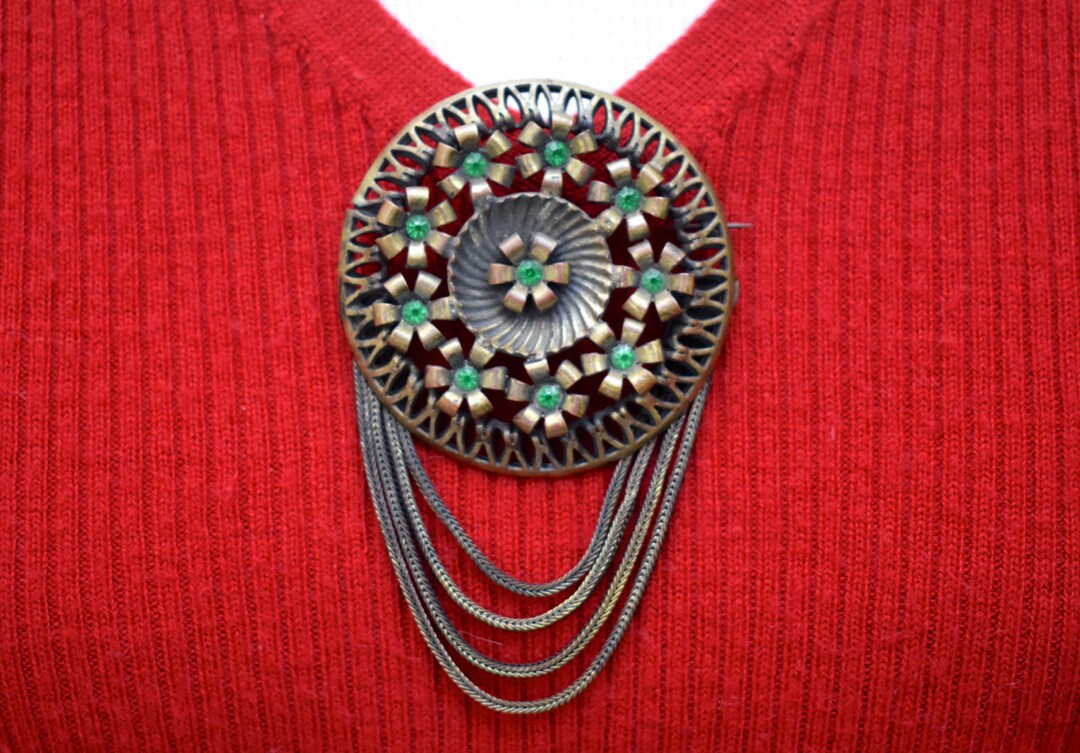 Victorian Revival Big Brooch With Chain Dangles Vintage - Etsy