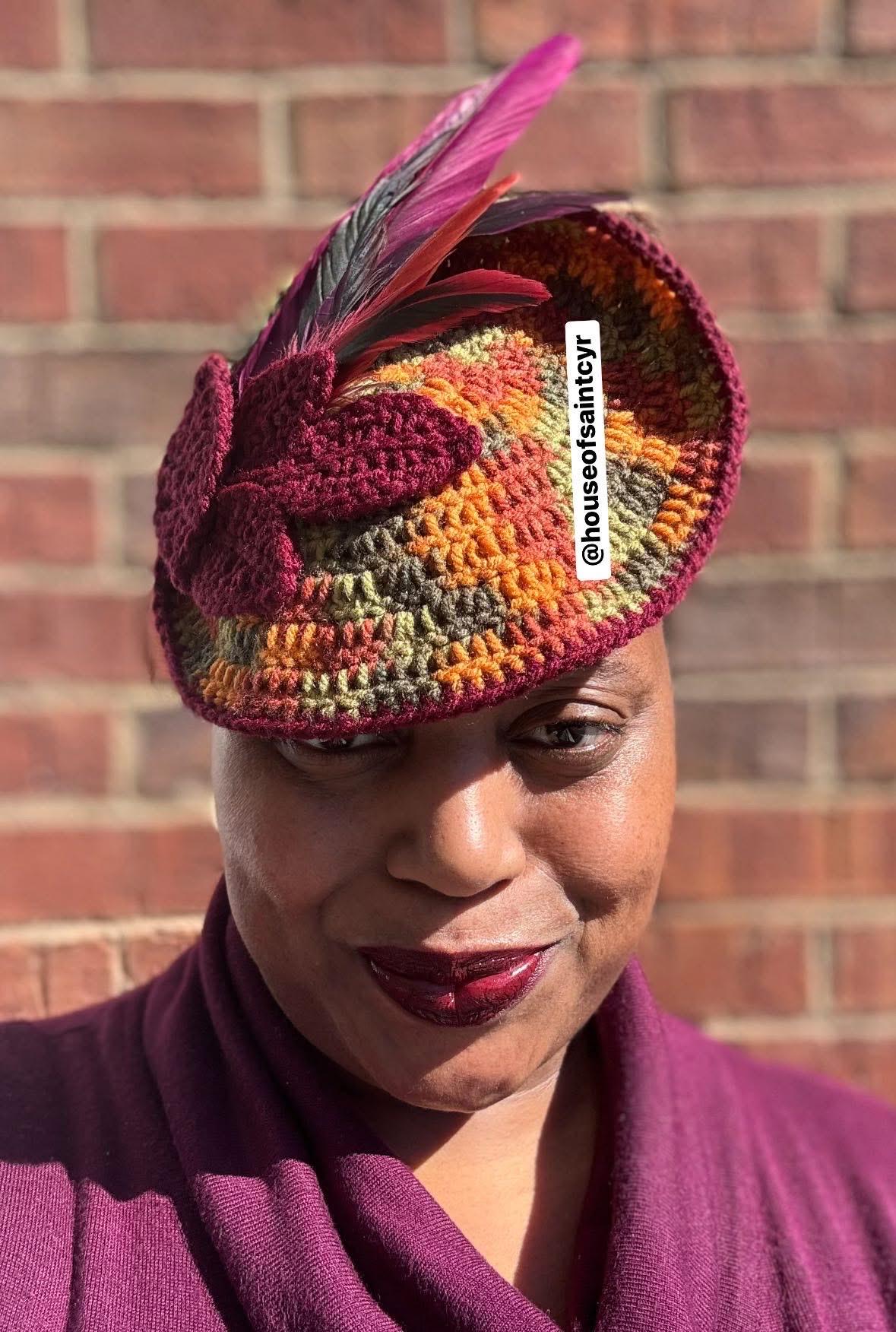 Crochet Fascinator: Multicolored Yarn, Wine Red Flower on Brown ...
