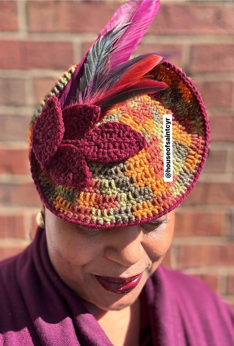 Crochet Fascinator: Multicolored Yarn, Wine Red Flower on Brown ...
