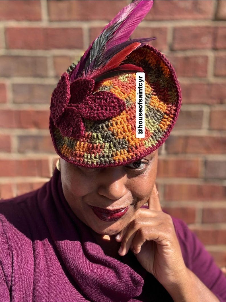 Crochet Fascinator: Multicolored Yarn, Wine Red Flower on Brown ...