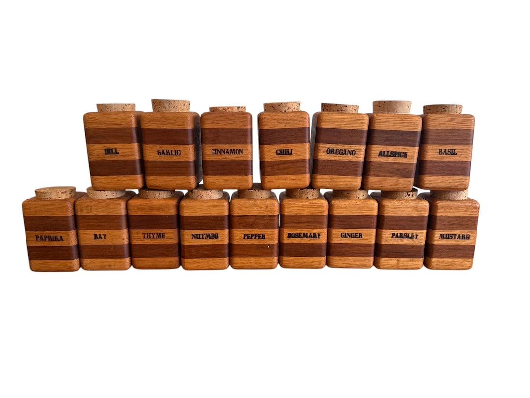 Midcentury Layered Wood Spice Jars With Cork Lids Vintage Set of 16 - Etsy