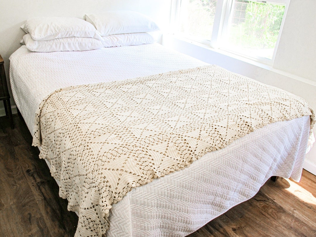 Vintage Knitted Crochet Ivory Throw Blanket Full or Queen - Etsy