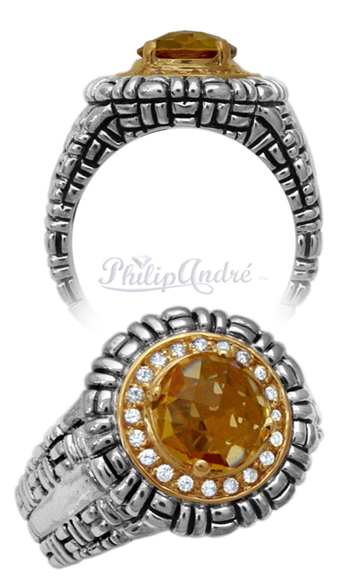 1.98ct TW Philip Andre 18K Yellow Gold and Sterling Silver Diamond and Honey Quartz Designer ...