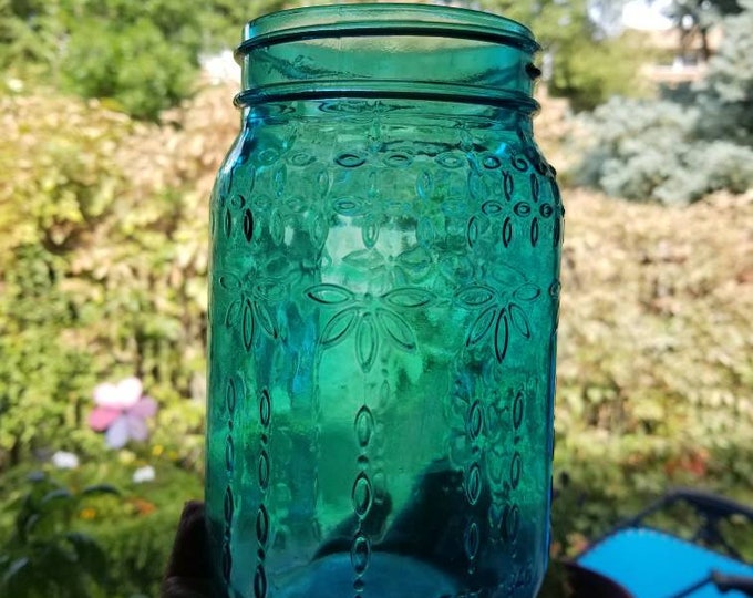 Vintage Syndicate Mason Jar Blue Glass Mason Jar Embossed Mason Jar ...