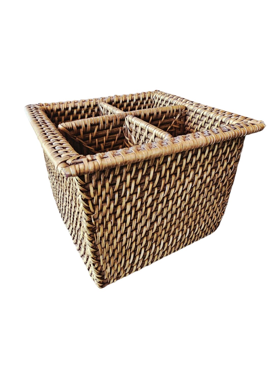 Vintage Wicker Basket, Rattan Woven Utencil Caddy, Farmhouse Flatware ...