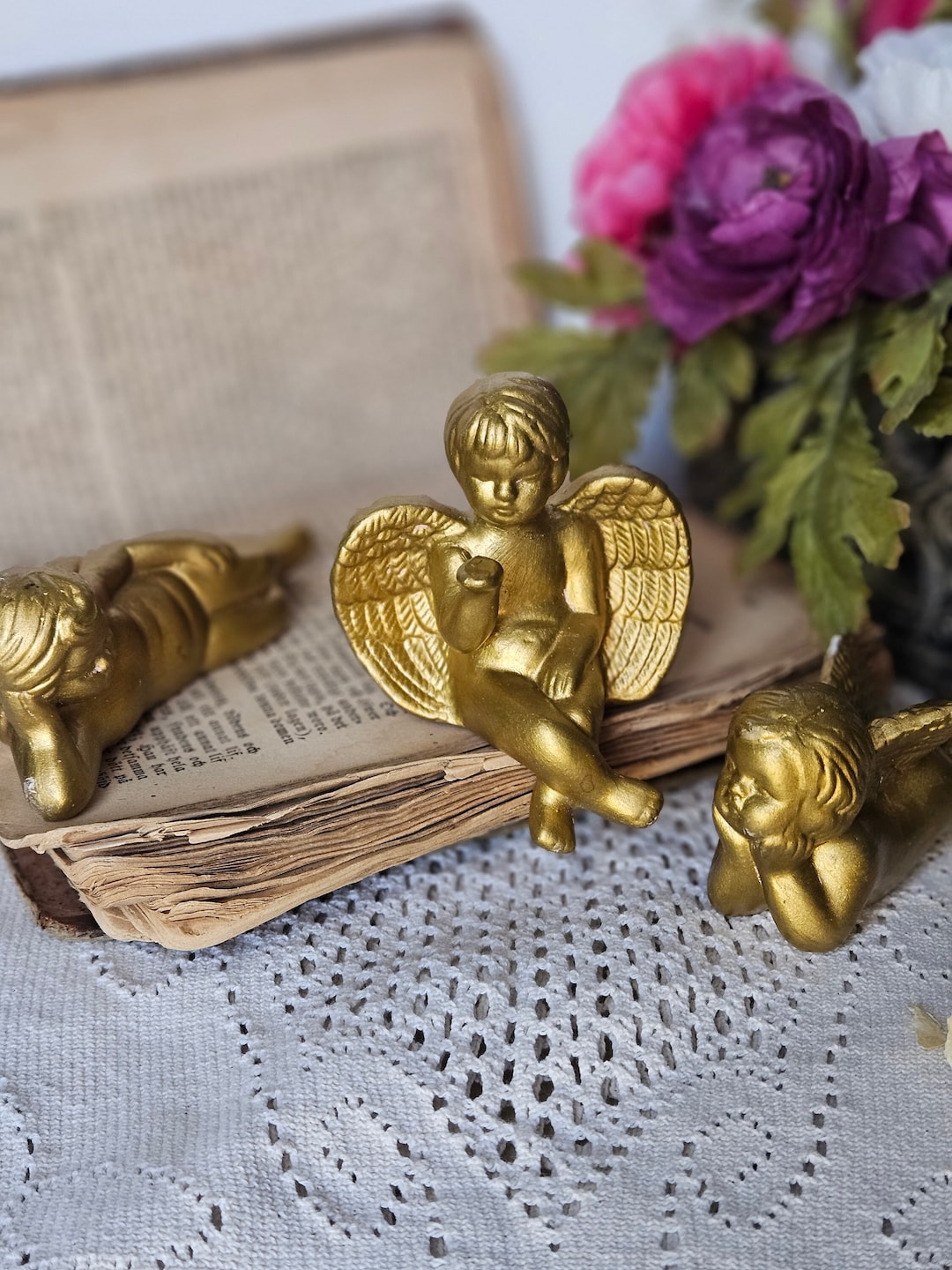 3 Gold Cherubs for Home Decor, Angel Figurines, Shelf Sitter Angel ...