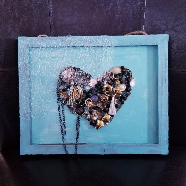 Upcycled Vintage Jewelry Heart Wall Art, Turquoise Mixed Media, 10x8 - Etsy