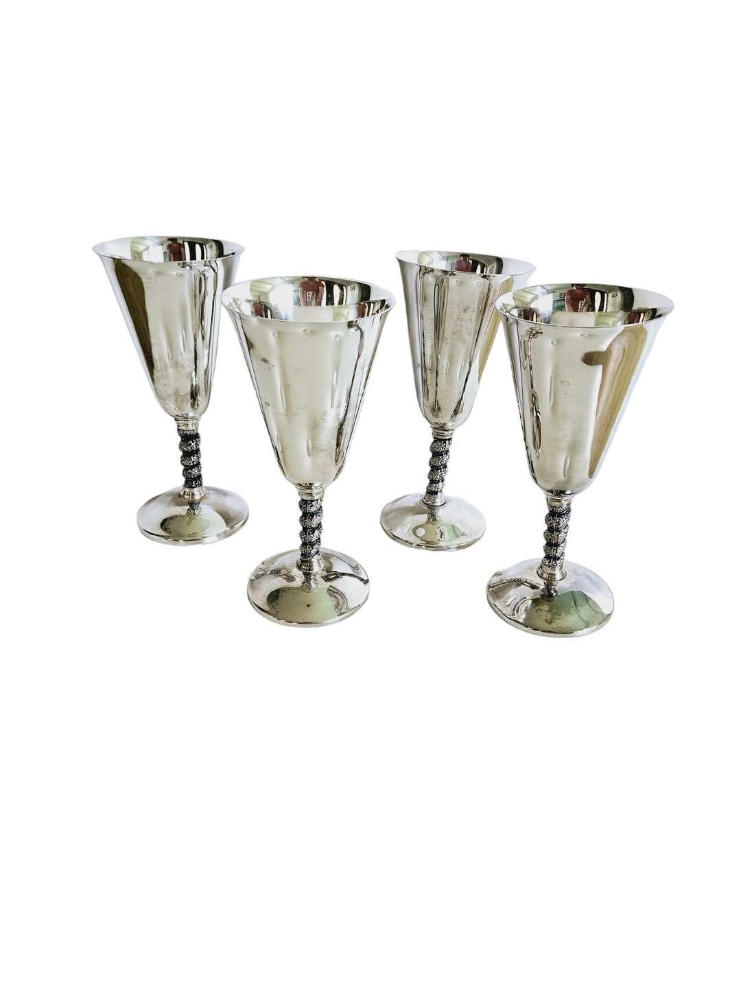 Set of 4 Silver Plated Goblets Made in Spain, Twisted Stem Goblets ...