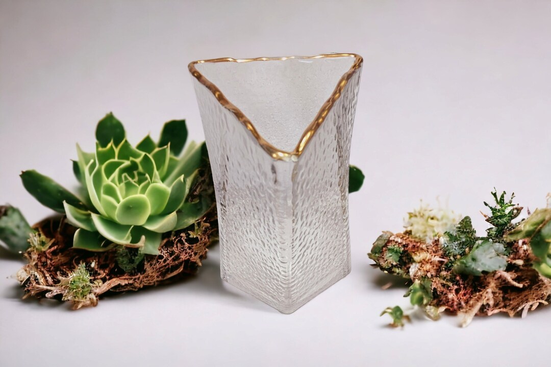 Vintage Clear Glass Vase With Gold Rim, Glass Flower Vase, Triangle ...